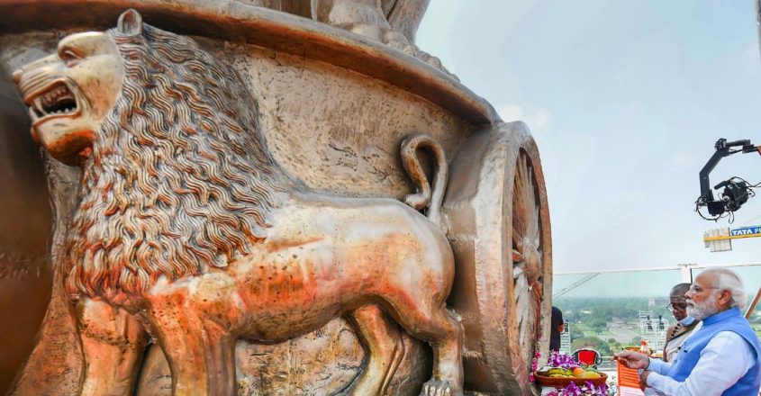 PM Modi unveils national emblem on Parliament building